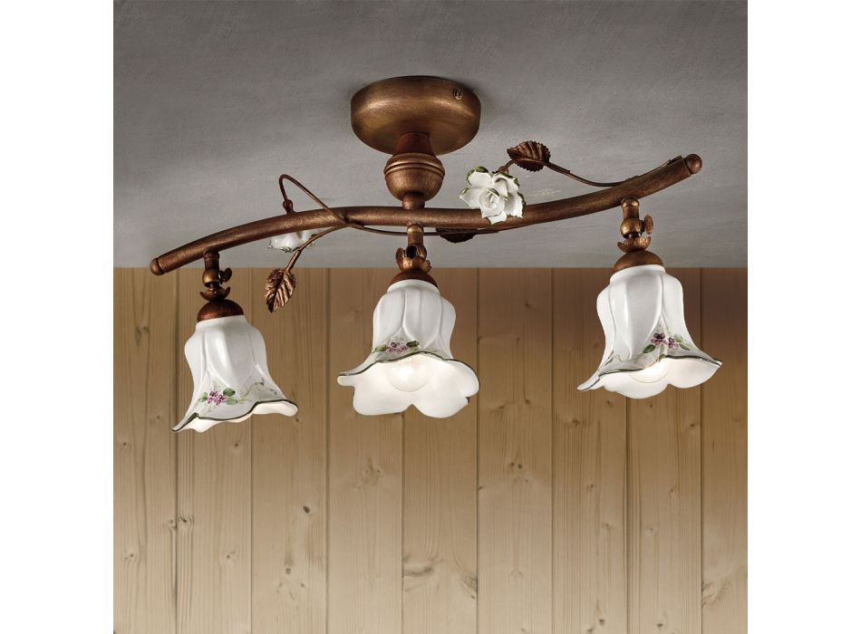 Plafonnier artisanal en céramique à 3 lumières avec rose