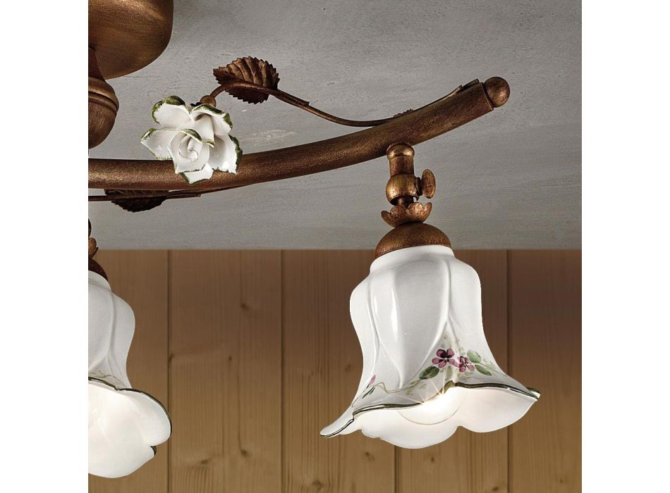 Plafonnier artisanal en céramique à 3 lumières avec rose